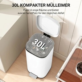 HOMCOM 30 l kuchyňský odpadkový koš s víkem — pedálový s tichým dovíráním a vyjímatelným vnitřním kbelíkem, odolný proti otiskům — bílý