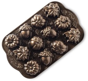 Nordic Ware pečicí forma plát s 12 formičkami Podzimní motivy, bronzová, 92048