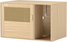 PawHut nábytek na kočičí záchod s ratanovými dveřmi a škrabací podložkou – příruční stolek 80 × 50 × 50 cm, dub
