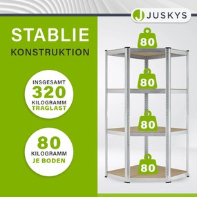 Juskys Rohový kovový regál Corner Easy 160 × 75 × 40–75 cm Barva: stříbrná
