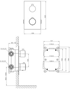 Sapho KIMURA podomítková sprchová termostatická baterie, box, 3 výstupy, chrom - KU383