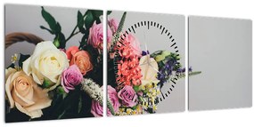Obraz koše s květinami (s hodinami) (90x30 cm)