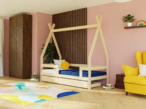 Benlemi Dětská dřevěná postel SAFE 5v1 ve tvaru teepee se zábranou a úložným šuplíkem Zvolte barvu: Béžová, Zvolte rozměr: 90x200 cm, Zvolte zábranu: Se dvěma zábranami