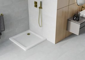 Mexen SLIM - Čtvercová sprchová vanička 100x100x5cm + zlatý sifon, bílá, 40101010G