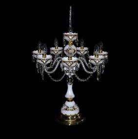 Luxusní velká stolní lampa se 7 rameny vyrobená z opálově bílého skla s křišťálovým rampouchem