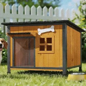 PawHut psí bouda dřevěná venkovní psí dům s asfaltovou střechou, otevíratelná, vyjímatelná podlaha, závěsné dveře, ocelový rám 84,5x62x65 cm