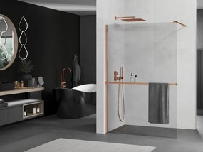 Mexen Kioto, sprchová zástěna Walk-in s poličkou a věšákem 105 x 200 cm, 8mm čiré sklo, profil růžové zlato, 800-105-121-60-00