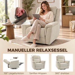 HOMCOM Relaxační křeslo s funkcí lůžka a houpání, televizní křeslo s opěrkou nohou, v krémově bílé