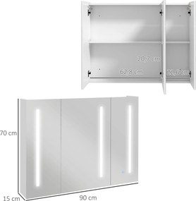 Kleankin zrcadlová skříňka s nastavitelnými policemi a 3-barevnými LED světly, z MDF a skla, 90x15x70 cm, bílá