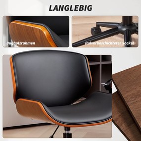 HOMCOM mid-century kancelářská židle bez područek — ergonomická, výškově nastavitelná, 360° otočná, PU, černá/ořech