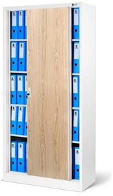 JAN NOWAK - Kovová policová skříň se zámkem a posuvnými dveřmi BUKA - bílá/dub sonoma - rozměr 185x90 cm - 3D6391