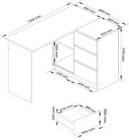 Rohový psací stůl B16 124 cm dub craft zlatý/bílý pravý