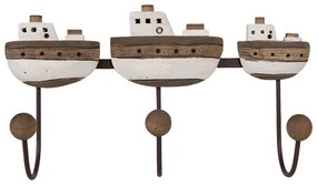 Hnědý antik dřevěný nástěnný věšák s parníky Nauticco - 38*10*20 cm