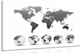 Obraz globusy s mapou světa v černobílém provedení - 90x60 cm