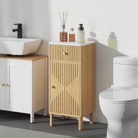 HOMCOM koupelnová skříňka, úložná skříňka s mramorovou efektní deskou a drážkovanými dveřmi, zásuvka 36 Š x 30 H x 80 V cm, dub