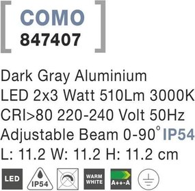 NV 847407 Venkovní nástěnné svítidlo COMO tmavě šedý hliník LED 2x3W 3000K 3000K 220-240V nastavitelný úhel 0-90st. IP54 - NOVA LUCE