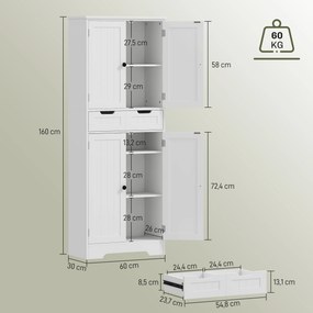 HOMCOM Koupelnová skříňka, úložná skříňka se zásuvkou a 4 dveřmi, moderní design, 60 x 30 x 160 cm, bílé