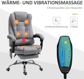 Vinsetto Masážní Hřejivá Kancelářská Židle Ergonomická S Nastavitelnou Výškou A Sklopným Opěradlem Z Mikrovlákna Šedá