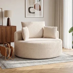 HOMCOM kulatý chenilkový sedací puf, velká sedací plocha, 2 polštáře, 1 opěrný polštář, 1 polštář na krk, nosnost 250 kg, 130x130x82 cm, krémová