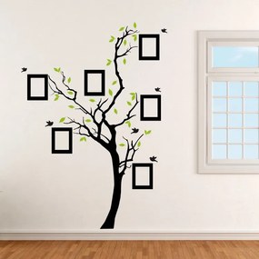 Strom s rámečky na fotografie listím a ptáčky - vinylová samolepka na zeď 180x125cm