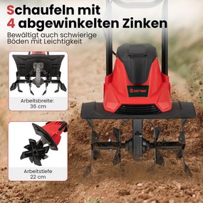 Costway Elektrický kultivátor 1200 W | Pracovní šířka 36 cm | Pracovní hloubka