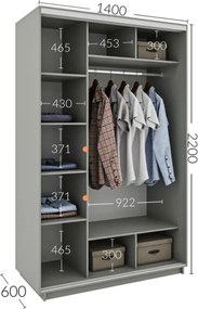 Skříň s posuvnými dveřmi 1400x2200x600 1LTD 1 Zrcadlo myší šedá, profil stříbrný