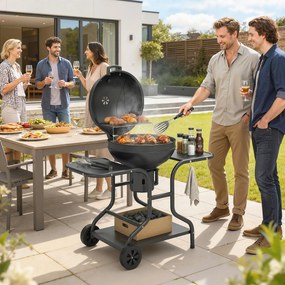Outsunny Gril na dřevěné uhlí BBQ Udírna s postranními stolky Víko Teploměr Kolečka 129 x 63,5 x 106,5 cm
