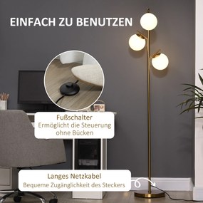 HOMCOM Stojací lampa v retro designu, stojací lampa, stojací lampa s 3 stínidly, sklo, zlatá