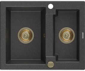 Mexen Carlos, granitový dřez 582x475x177 mm, 1,5-komorový, černá skvrnitá se zlatým sifonem, 6518581500-76-G