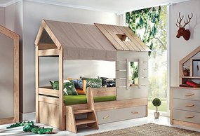Domečková postel se schůdky 90x200 Boom - dub colorado/šedá