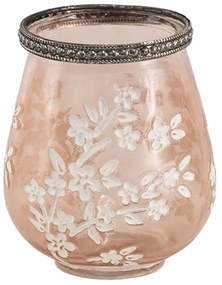 Béžovo-hnědý skleněný svícen na čajovou svíčku s květy Teane  - Ø 9*11 cm
