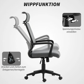 HOMCOM Kancelářská židle, ergonomická stolní židle s opěrkami, opěrkou hlavy, výškově nastavitelná otočná židle s houpací funkcí, počítačová židle s …