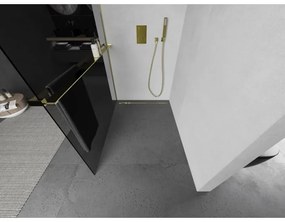 Mexen Kioto+ L, sprchová zástěna Walk-In s poličkou a věšákem 90 x 200 cm, 8mm šedé sklo, zlatý lesklý profil, 800-090-123-50-40