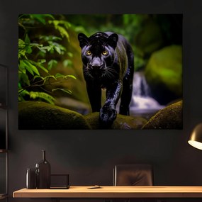 Obraz na plátně - Černý panter hrdě vykračuje u vodopádu FeelHappy.cz Velikost obrazu: 120 x 80 cm