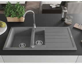 Mexen Andres 1,5-komorový granitový kuchyňský dřez s odkapávačem 100x50 cm a kuchyňská baterie Telma, šedá, 6515-71-670200-00