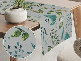 Biante Bavlněný běhoun na stůl Sandra SA-430 Modro-zelené listy na šedém 20x160 cm