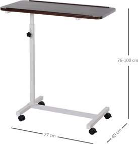 HOMCOM odkládací stolek s kolečky pro pohovku a postel, výškově nastavitelný s ocelovým rámem 77x40x76-100 cm tmavý ořech
