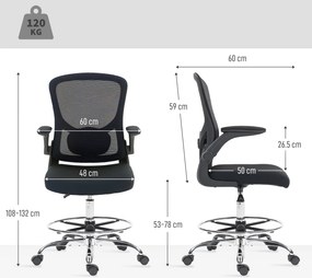 HOMCOM Kreslířská židle s bederní opěrkou, výškově nastavitelná, otočná, pro domácí kancelář, studio, umělecké projekty, černá