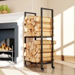 Outsunny regál na palivové dřevo do interiéru, ocel 60 x 30 x 119 cm, 2 patra, regál na dřevo s kolečky, černý