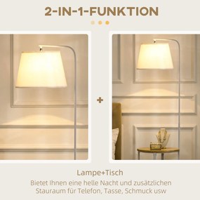 HOMCOM Stojací lampa 162 cm 40 W Stojací lampa se 2 policemi a plátěným stínidlem z bílého kovu do obývacího pokoje a ložnice