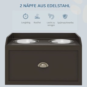 Miska pro psy PawHut, 2 x 2 litry, vyvýšená miska se zásuvkou, miska z nerezové oceli, krmná stanice pro velké psy, káva