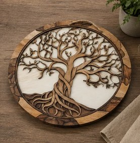dekorace na zeď, dřevo, 20x20 cm, strom života, barva přírodní, Dekorino DZ20260023