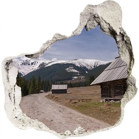 Wallmuralia Díra 3D ve zdi nálepka Dům v horách 75x75 cm