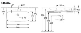 VILLEROY & BOCH Villeroy Boch FINION: umyvadlo, obdélníkové 800x470mm, broušené bez přepadu, bílá Alpin CeramicPlus, 41688LR1