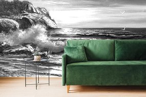 Samolepící tapeta ráno na moři v černobílém provedení - 300x200 cm