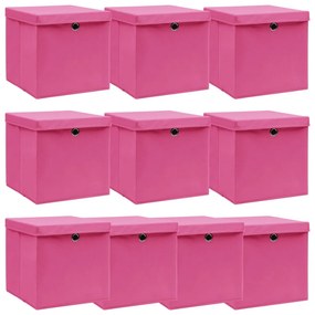 Úložné boxy s víky 10 ks růžové 32 x 32 x 32 cm textil 288348