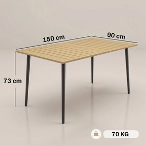 Outsunny Zahradní stůl 150x90cm, ocelový balkonový stůl odolný proti povětrnostním vlivům, balkonový stůl s otvorem pro slunečník hnědý