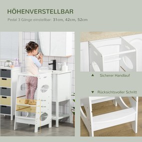HOMCOM Dřevěná učební věž pro děti - Kuchyňský stolička s nastavitelnou výškou ve 3 polohách a bezpečnostními zábranami 40x50x90 cm Bílá