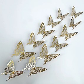 Samolepka na zeď "Metalické Motýli - Zlaté 3" 12 ks 8-12 cm