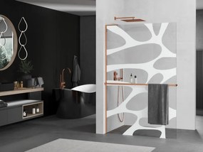 Mexen Kioto+ L, sprchová zástěna Walk-In s poličkou a věšákem 110 x 200 cm, 8mm čiré sklo bílý vzor, ​​růžové zlato profil, 800-110-123-60-97